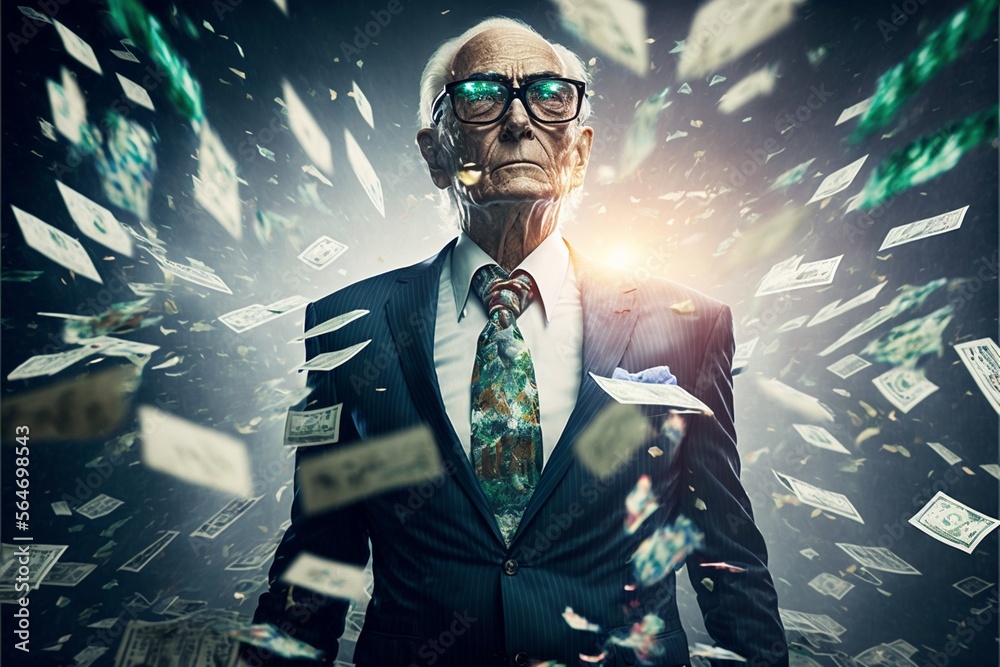Alter reicher Geschäftsmann geht in Rente, Geldscheine fliegen umher ...