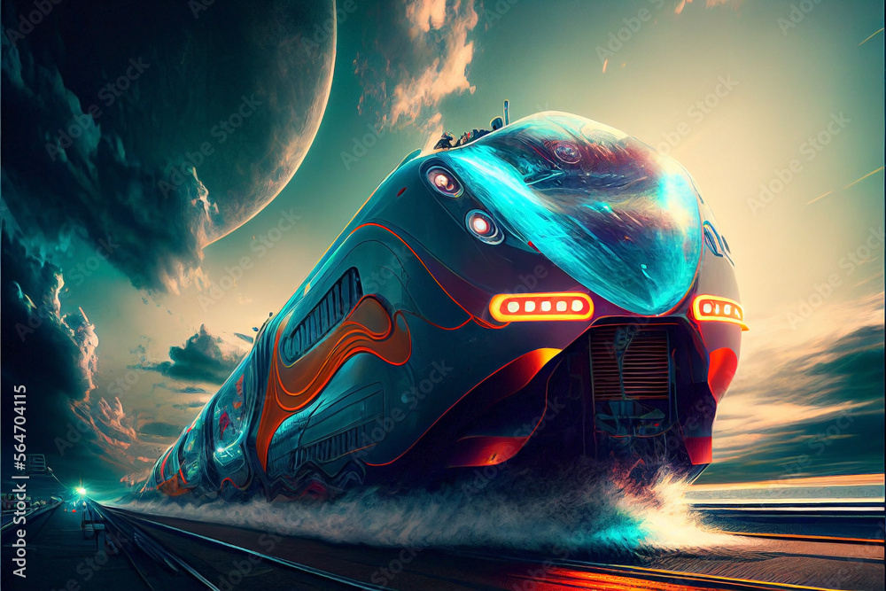 Spaceship train flying over the earth. Futuristic means of ...