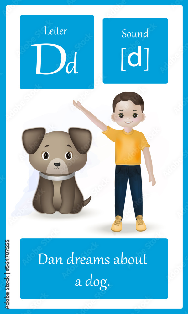 Colorful alphabet letter D. Phonics flashcard with sound. Letter D for ...