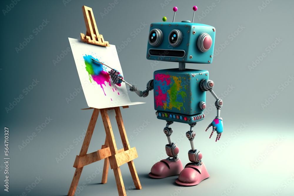 Cubic robot dirty paint drawing a picture in a canvas, generative AI ...