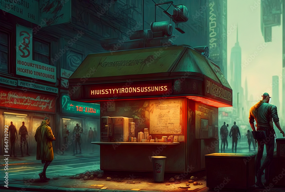 Cyberpunk styled cafe on the street corner with neon lights. Futuristic ...