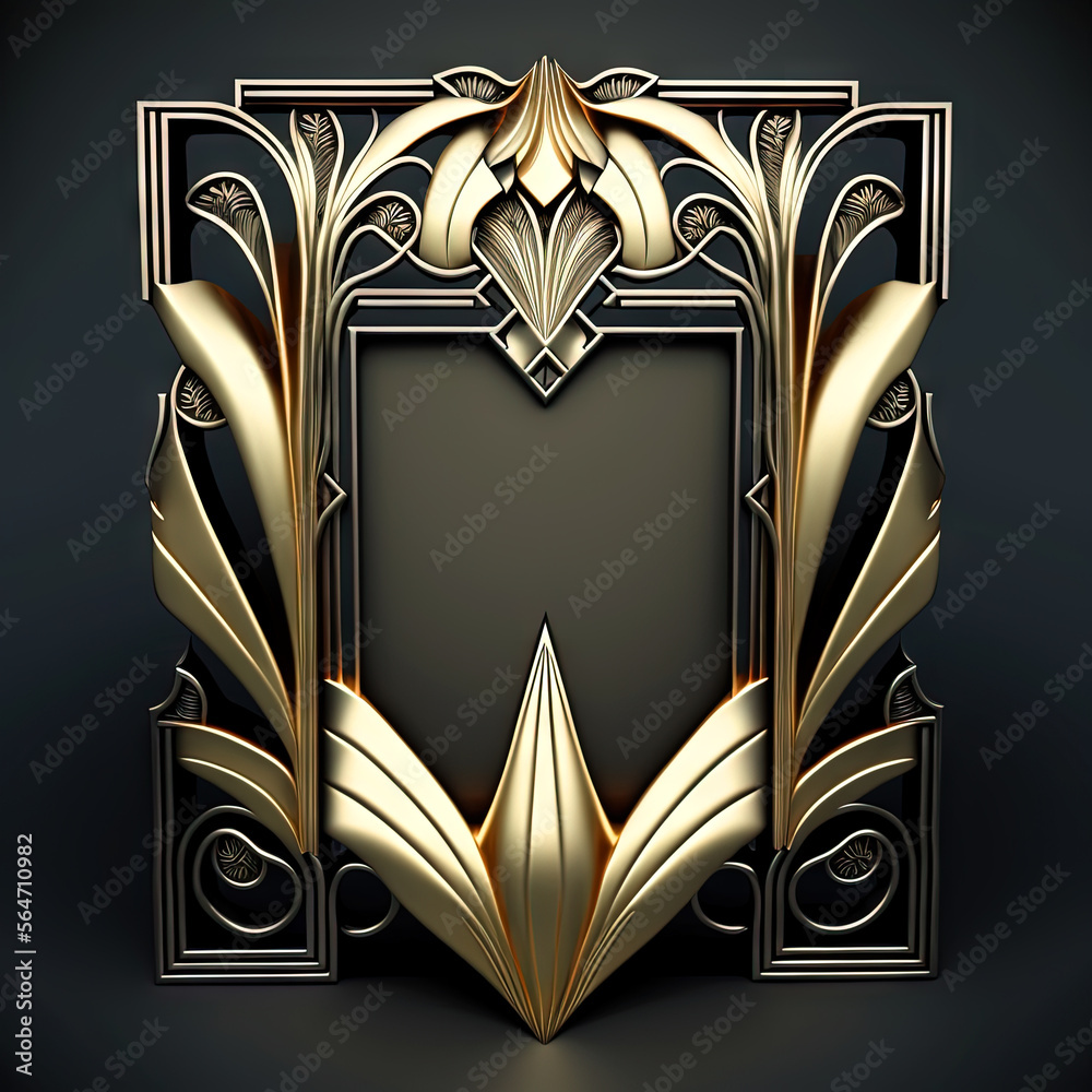 Golden ornamental art deco frame on black bakcground. Retro golden art ...