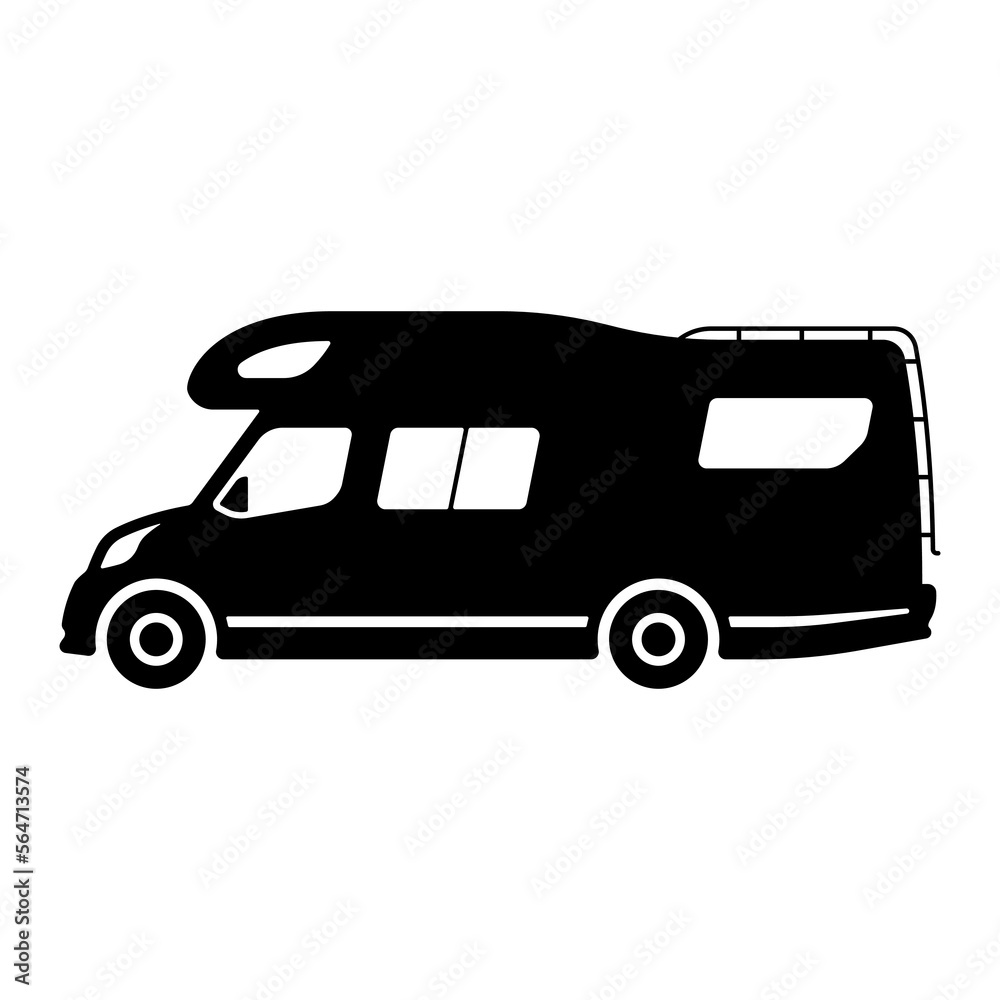 Motorhome icon. Camper, caravan. Black silhouette. Side view. Vector ...
