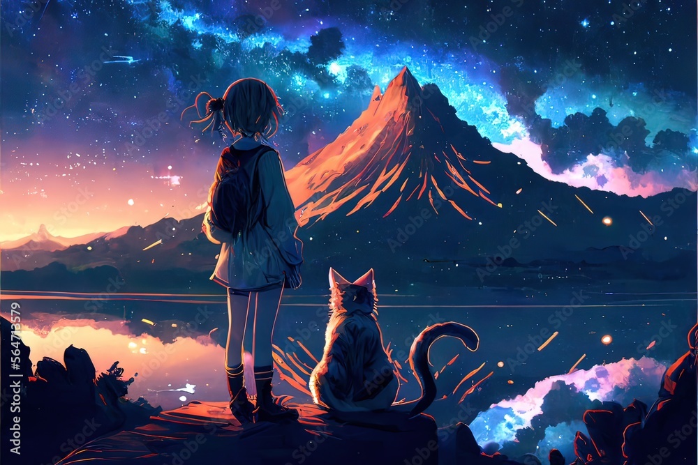 anime, ren kaido, girl, fullbody, stands in a see, landscape see with ...