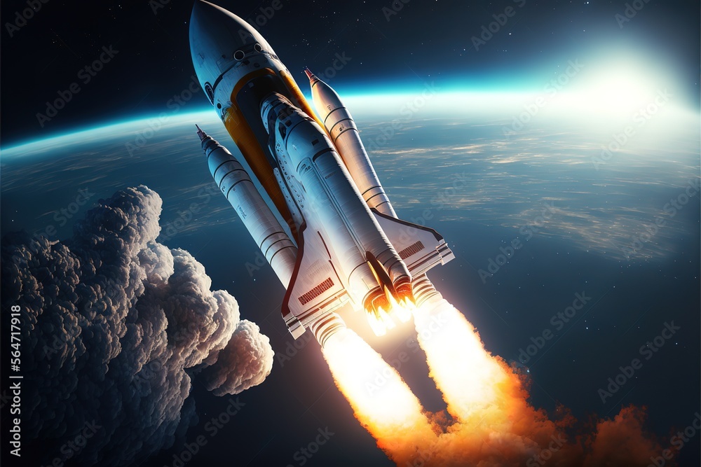 Space rocket lift off into cosmos with smoke and blast on a background ...