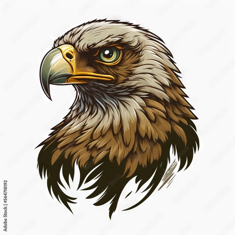 a bald eagle head with a green beak and yellow eyes on a white ...