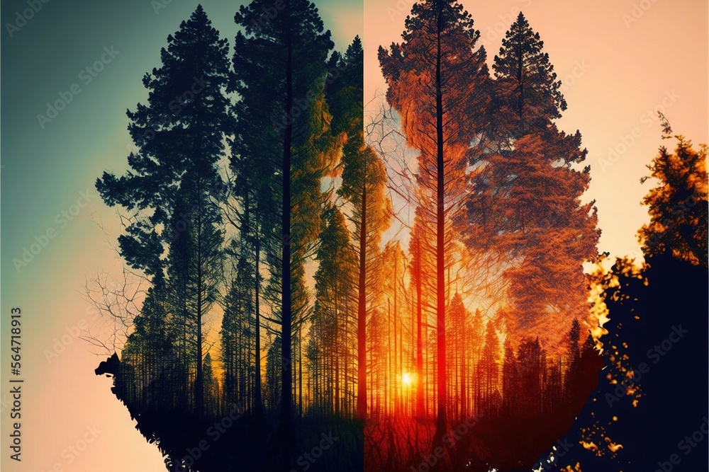 a split photo of a forest with trees and the sun in the background and ...