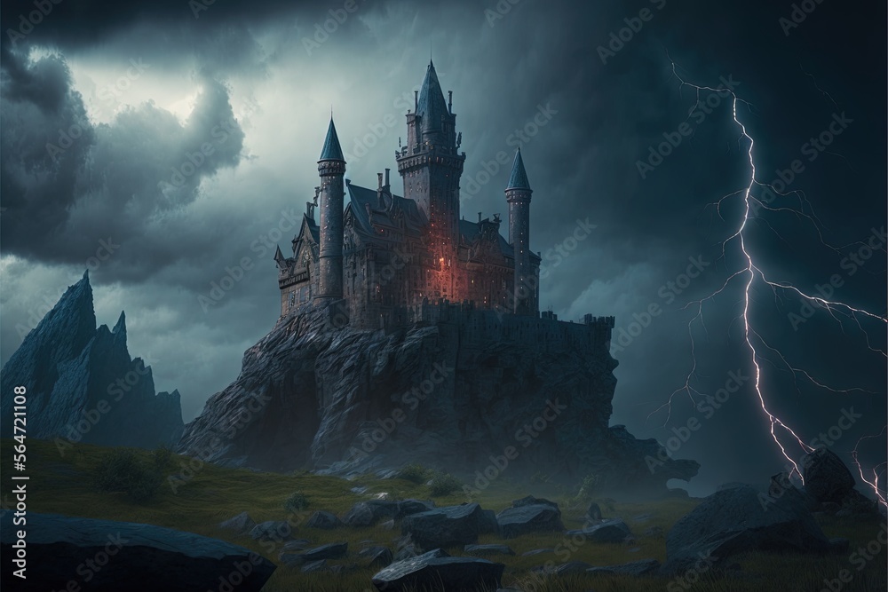 a castle with a lightning bolt in the sky above it and a lightning bolt ...