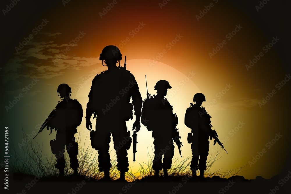 Illustration of a group of soldiers in silhouette at sunrise. Exercise ...