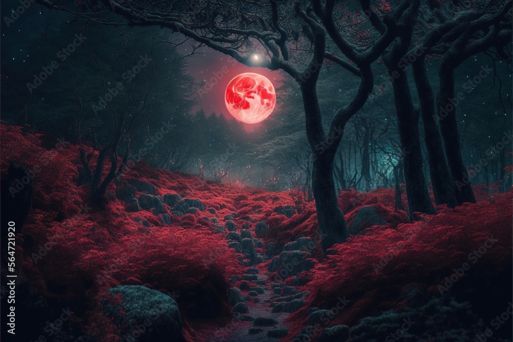 a red moon is shining over a path in a forest with rocks and trees on ...