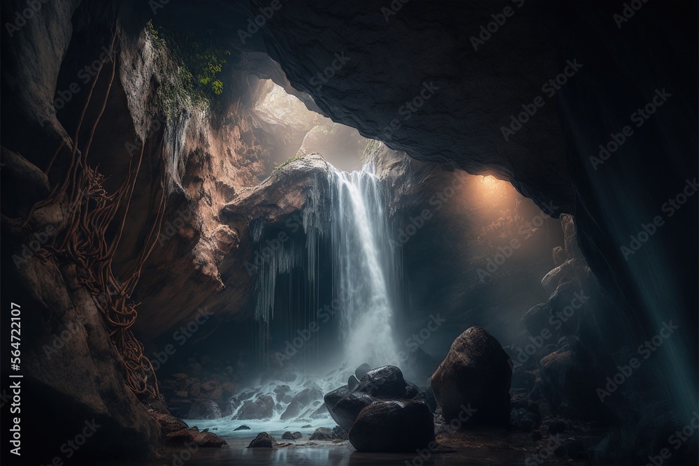 a waterfall is seen in a cave with a light coming from it's side and a ...