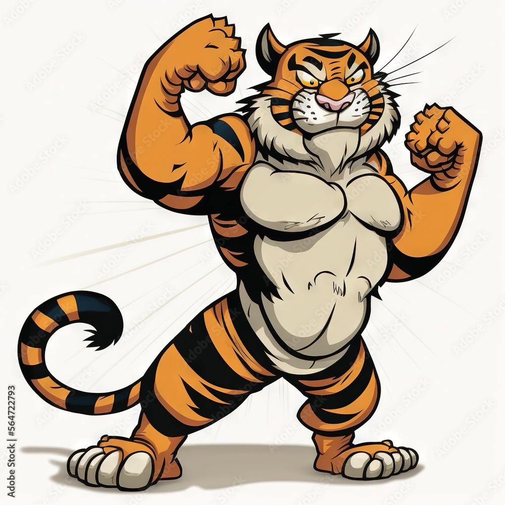 a cartoon tiger flexing his muscles with his fist up and his eyes ...