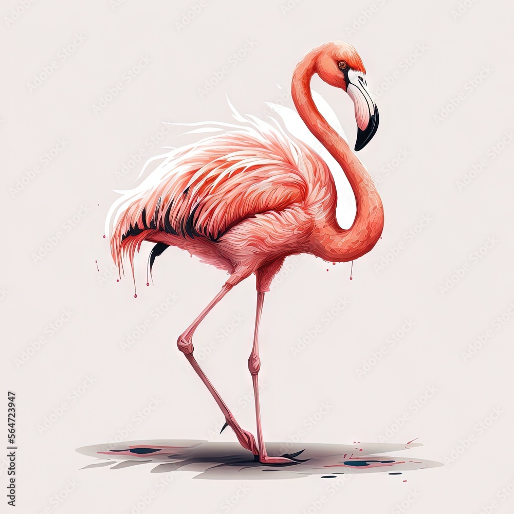 a pink flamingo standing on its hind legs with its head turned to the ...