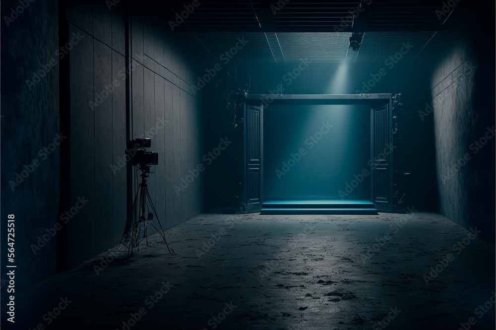 Dark stage location, dark blue background, empty dark room, neon light ...