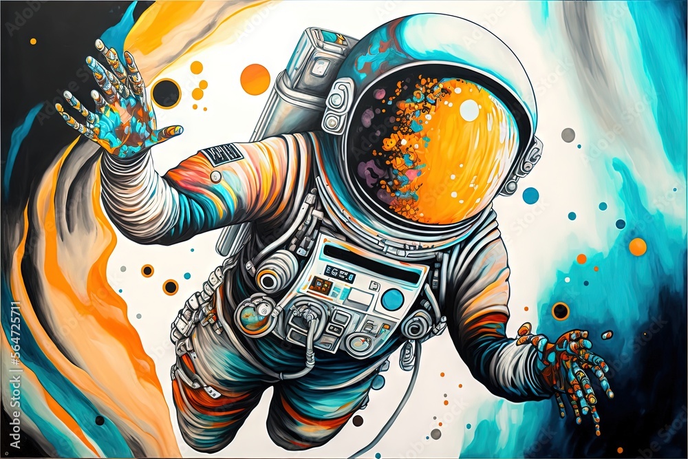 a painting of an astronaut floating in space with a splash of paint on ...