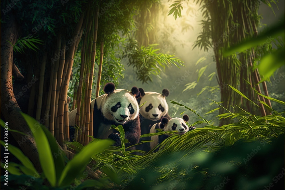 two pandas walking through a forest of bamboo trees and ferns, with ...