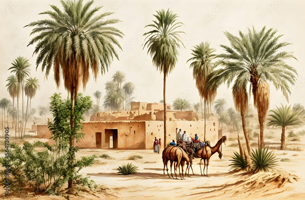 Watercolor painting, a landscape of the Arabian Peninsula in the past ...