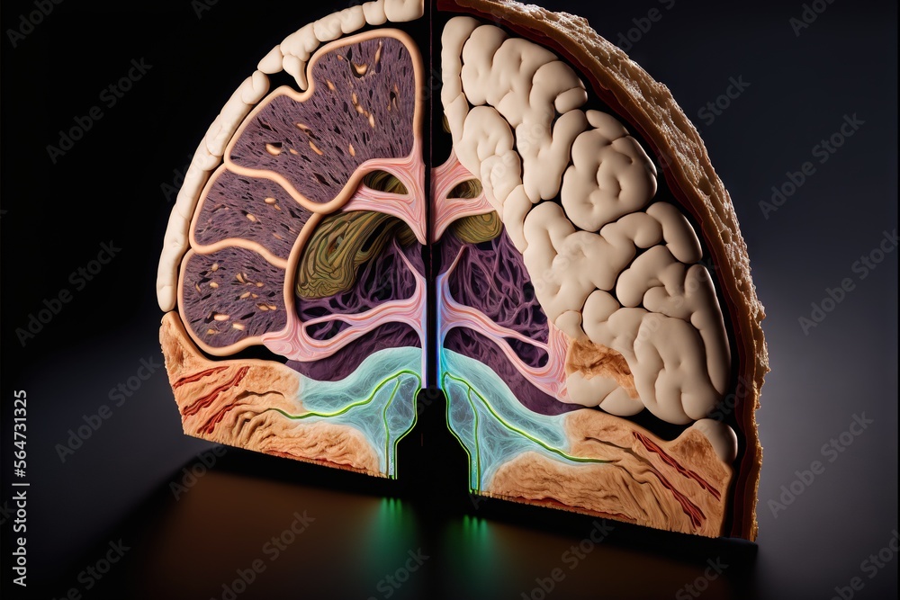 a section of a human brain with the major sections highlighted in the ...