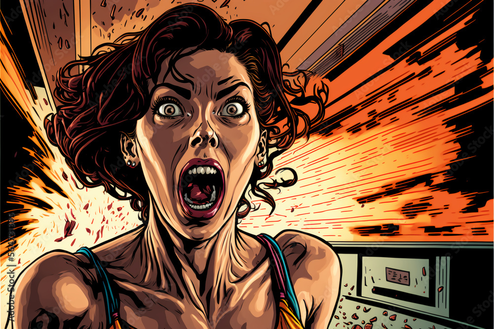 Pretty woman shocked and scared with wide open eyes in comics style ...