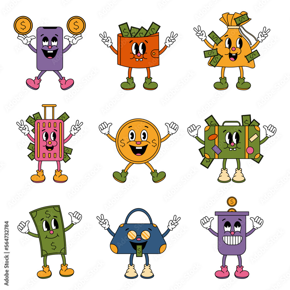 Money characters in groove style. Cartoon style. Vector illustration ...