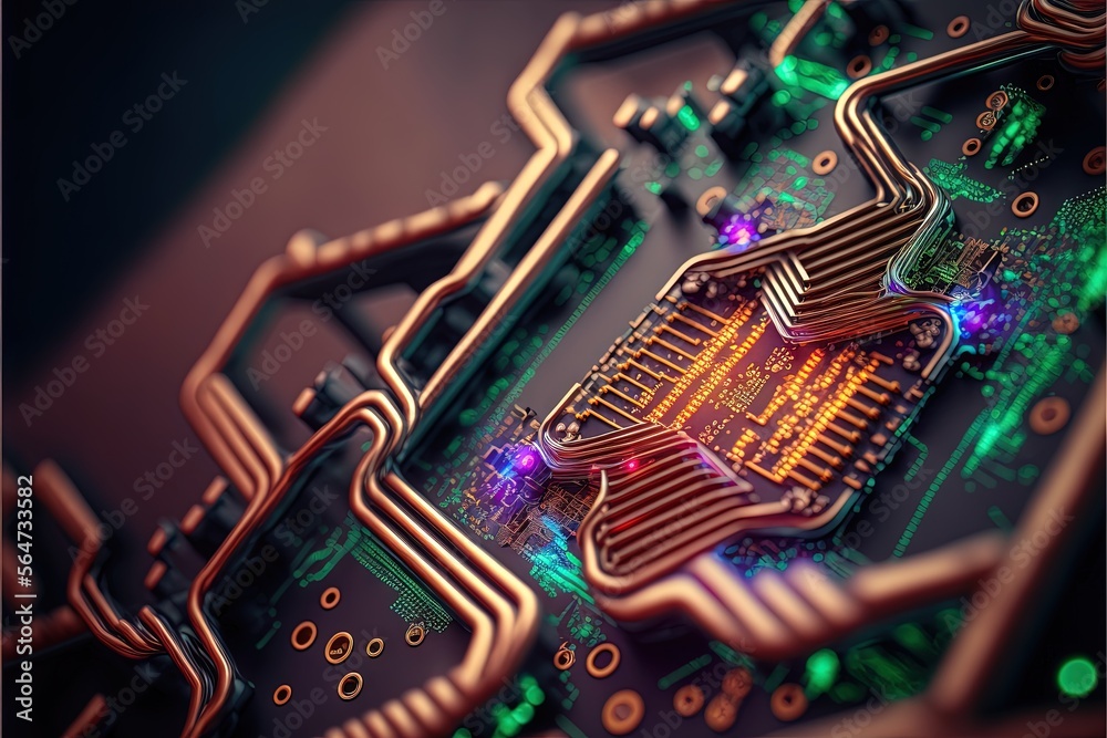 a close up of a computer circuit board with many wires and wires on it ...