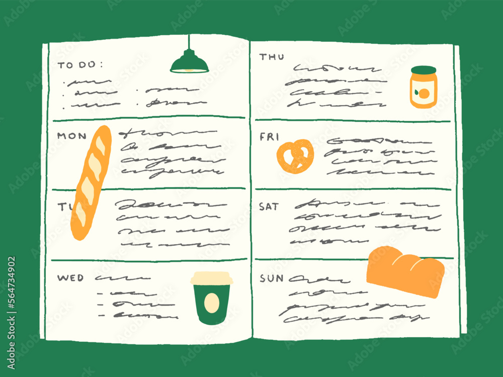 Weekly planner with handwritten abstract text and cafe stickers. Flat ...