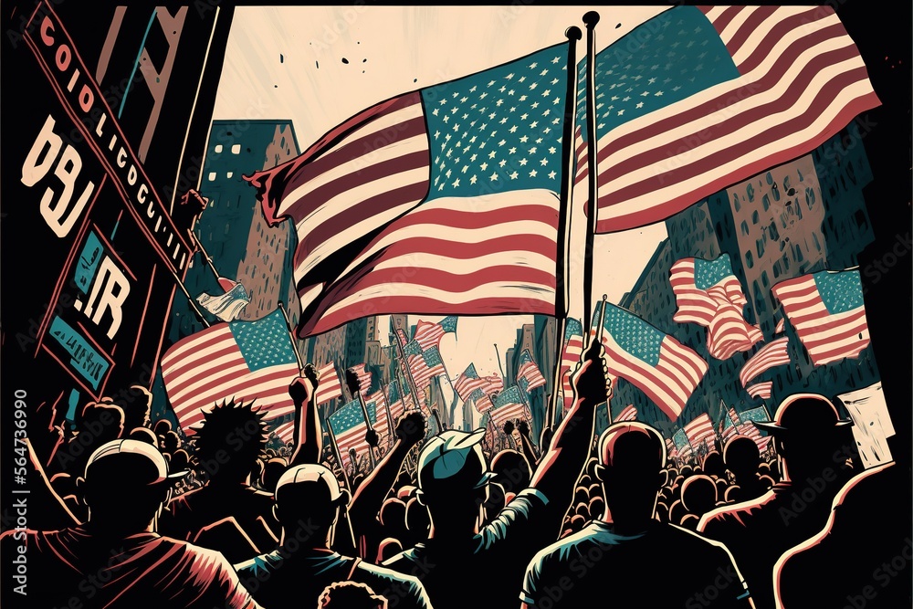 Street crowd in protest or demonstration. Poster, picture, drawing in ...