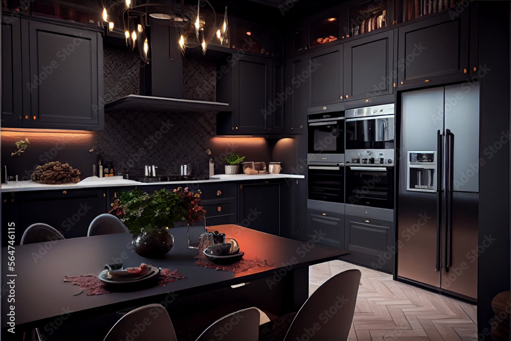 Interior of a modern, luxurious and stylish kitchen | Dark theme ...