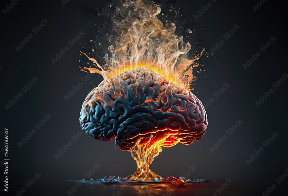 3d Brain burns and dissolves fluidly. Illustration of sensory overload, burnout or overexertion ...