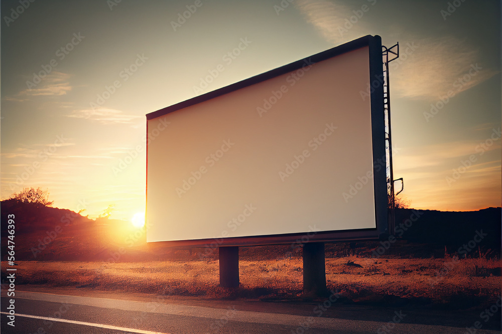 Mockup of a white blank wide billboard for advertisements along the country road at sunset ...