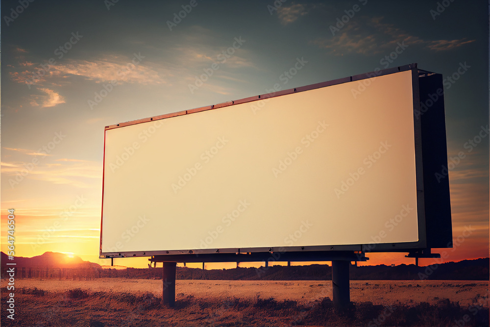 Mockup of a white blank wide billboard for advertisements along the country road at sunset ...