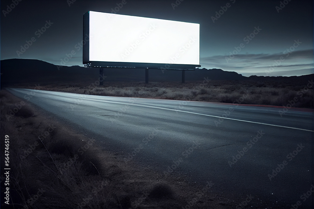 Mockup of a white blank wide billboard for advertisements along the country road at night ...
