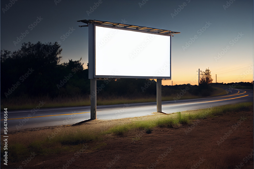 Mockup of a white blank wide billboard for advertisements along the country road at night ...