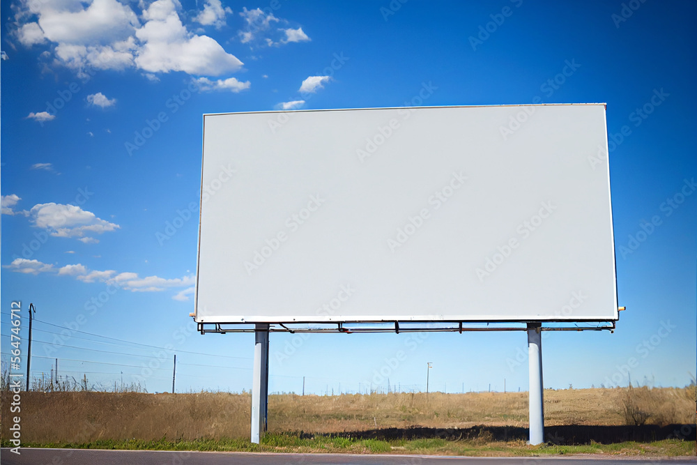 Mockup of a white blank wide billboard for advertisements along the country road | Blue sky in ...