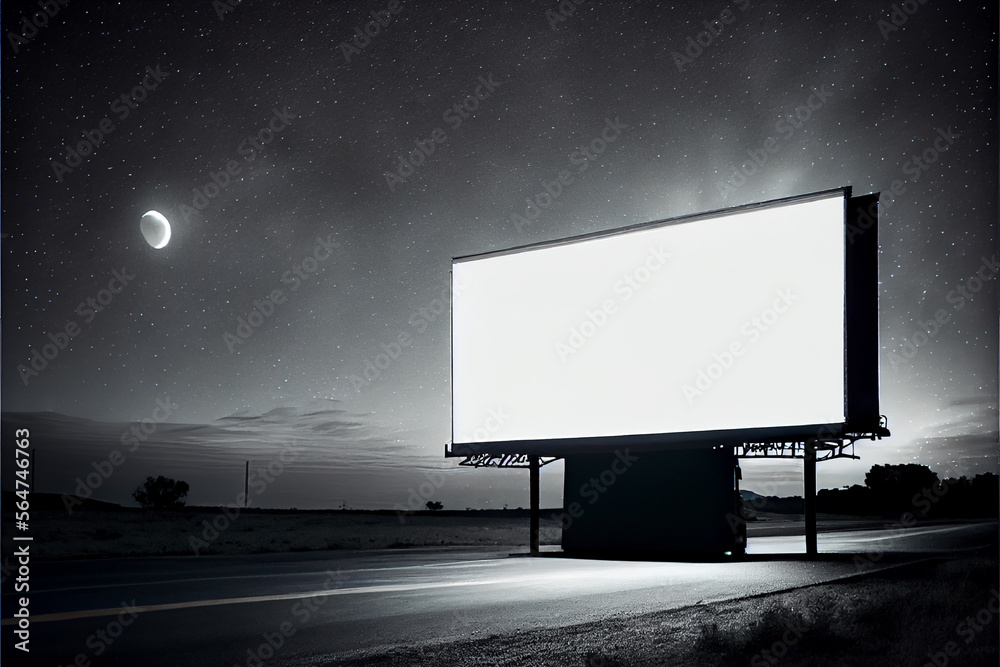 Mockup of a white blank wide billboard for advertisements along the country road at night ...