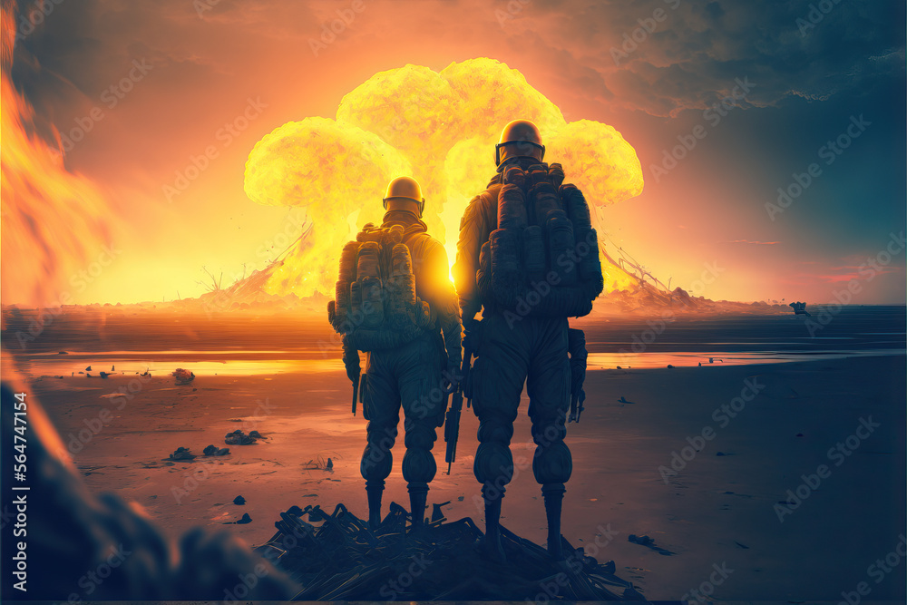 Two desperate soldiers look at the nuclear apocalypse with lowered ...
