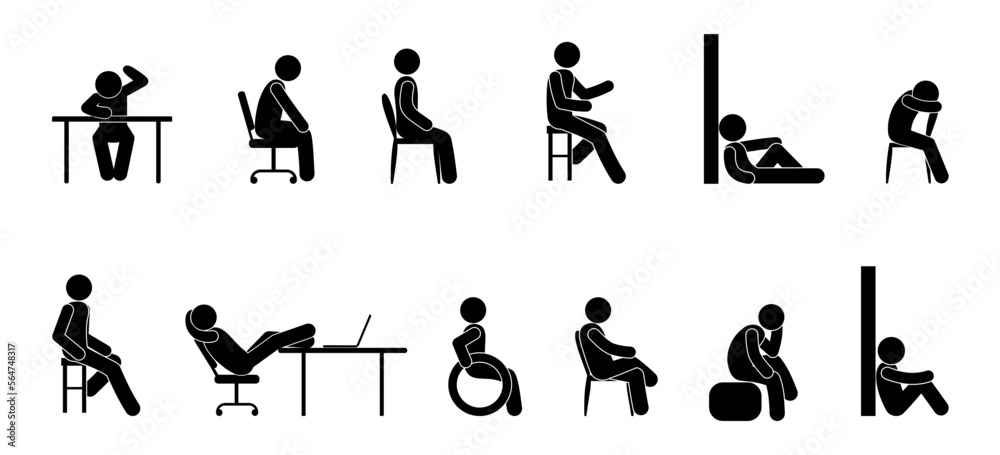 sitting people icons set, man sitting on a chair, illustration stick ...