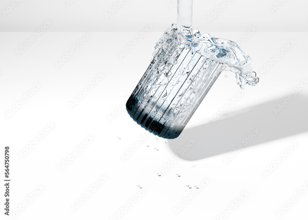 Filling a glass of water and letting it flow over. Levitating glass on ...