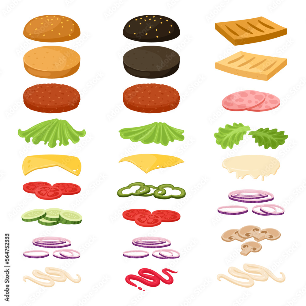 Cartoon burger and sandwich ingredients. Bun, veggies, meat patty, fast ...