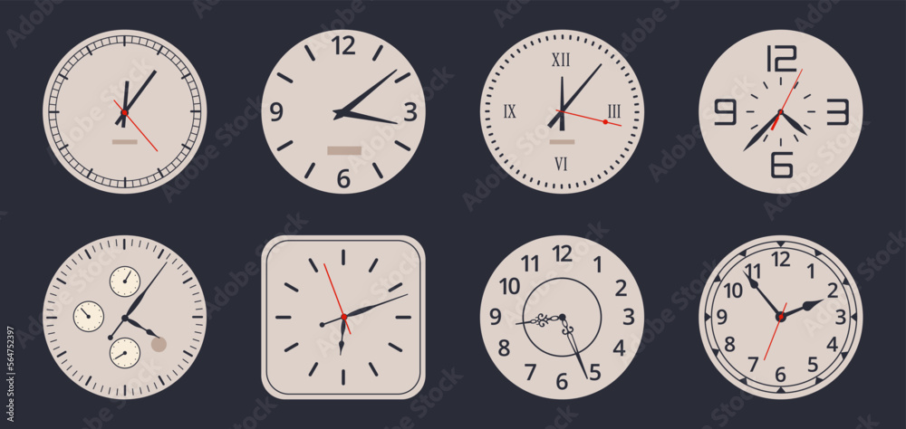 Watch faces. Cartoon analog clocks, electronic and mechanical vintage ...