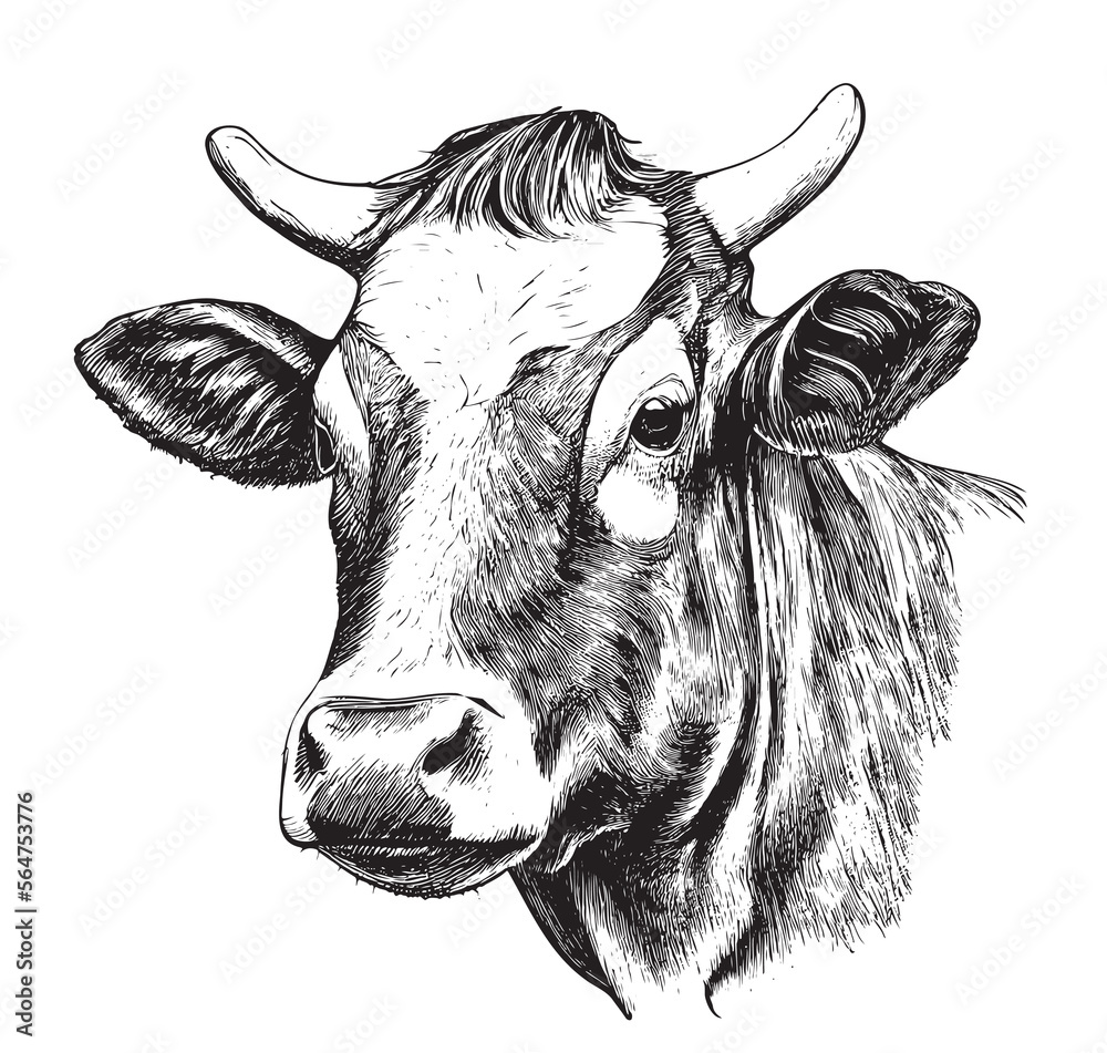 Farm cow head sketch hand drawn line art engraving Vector illustration ...
