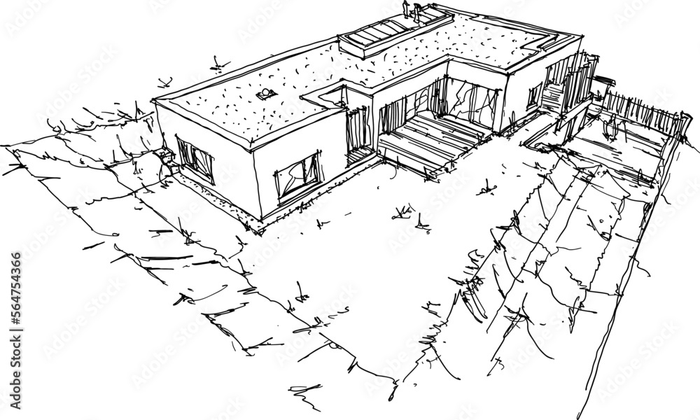 hand drawn architectural sketches of modern one story detached house ...