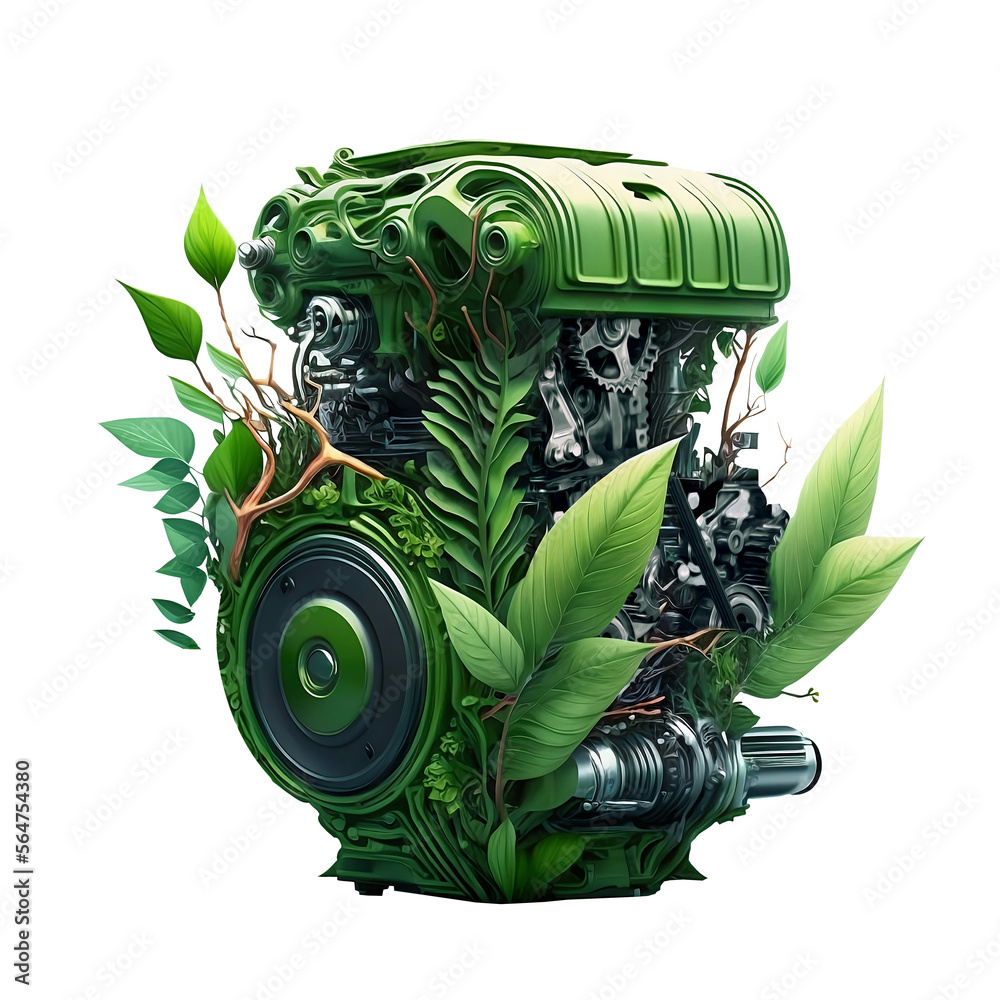 Modern car engine overgrown with leaves. Illustration of ecology ...