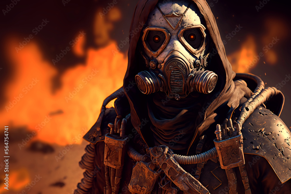 apocalyptic warrior with gas mask, futuristic soldier with burning ...