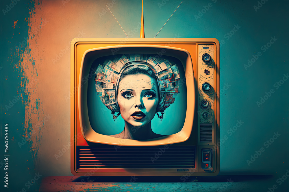 Generative AI illustration of a woman's face inside a television screen ...
