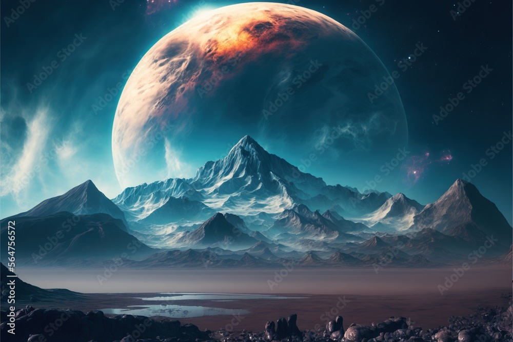 Fantastic landscape of a distant planet with a mountain in high ...