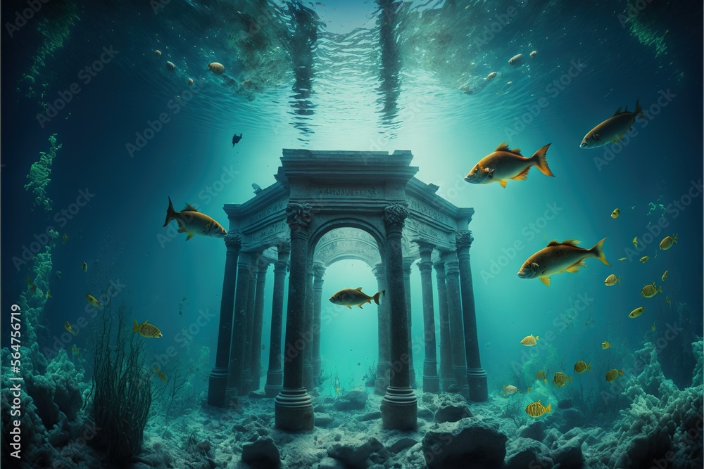 Ancient temple ruins and floating fish at the bottom of the ocean, lost ...