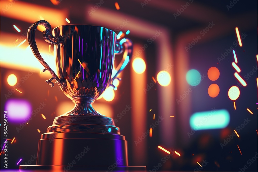 image Winner's trophy in a studio illuminated by neon lights in high ...