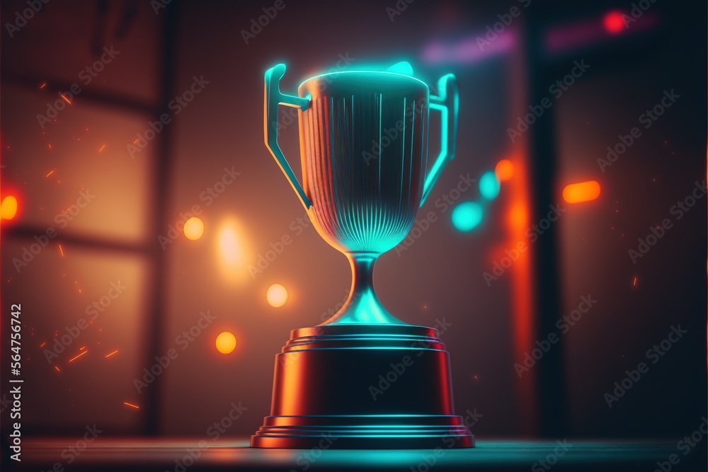 ภาพประกอบสต็อก image Winner's trophy in a studio illuminated by neon ...