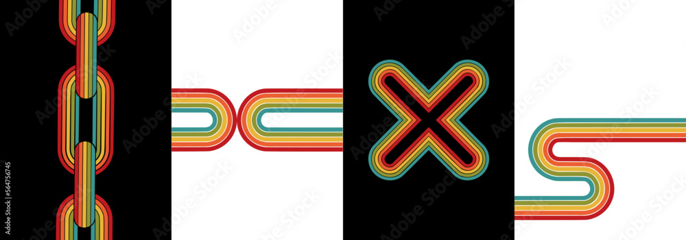 70s simple lines wave and geometric shape poster with flower, chain ...